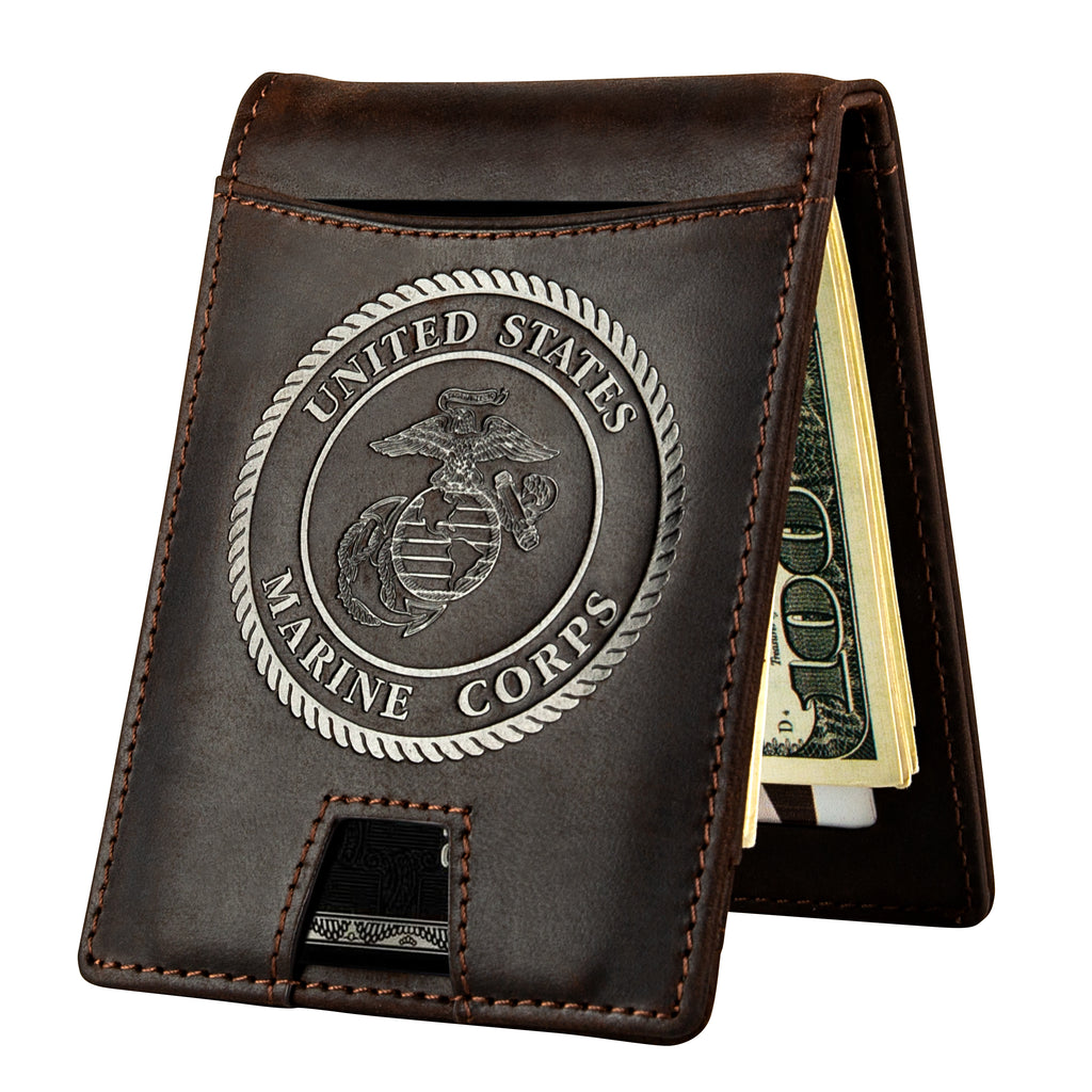 USMC Genuine Leather RFID Blocking Bi-Fold Wallet