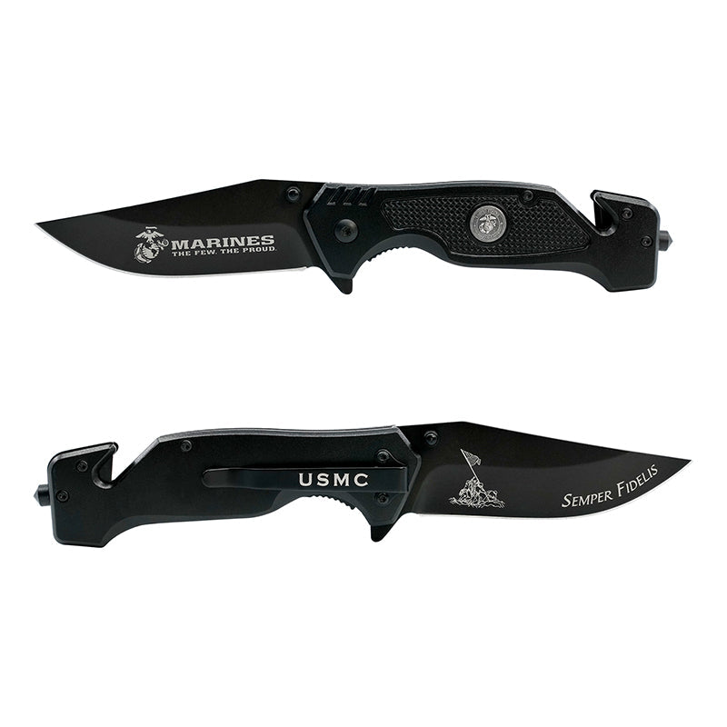Marine Corps Folding Spring Assisted USMC Tactical Knife -Black Steel ...
